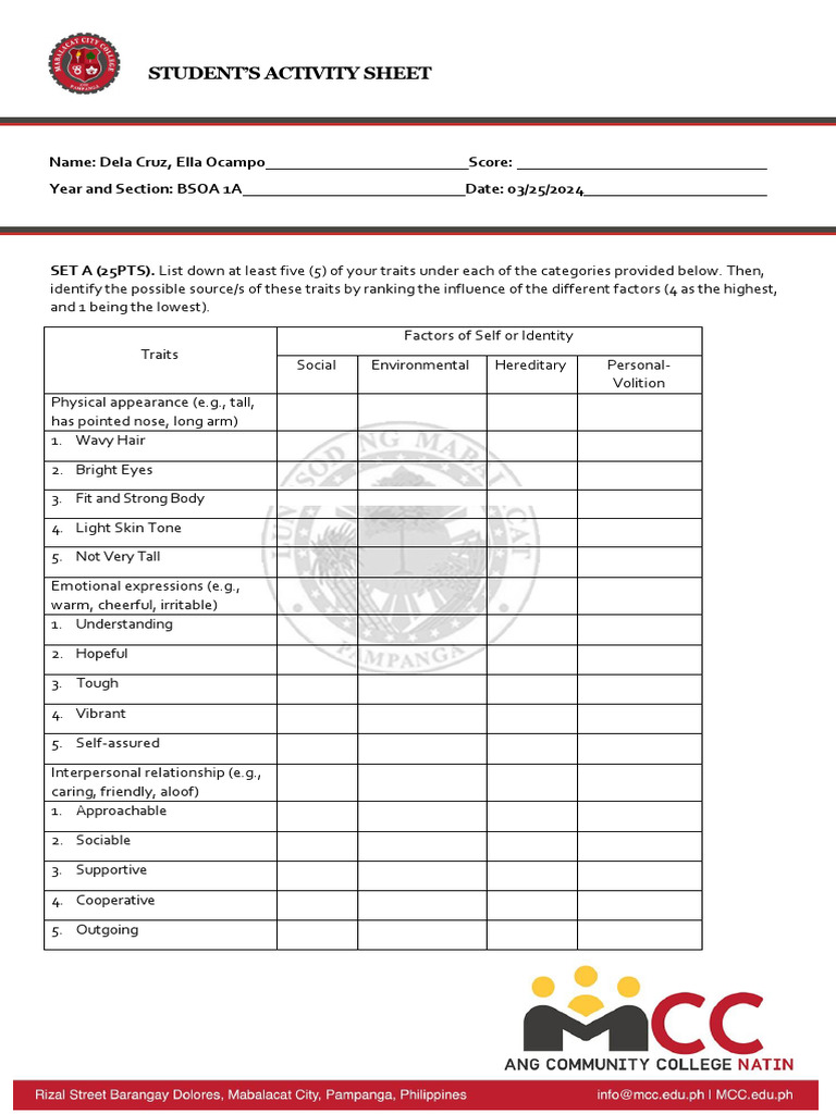BSOA - 1A - Module - 1 - Worksheet - 1 in Understanding The Self | PDF ...