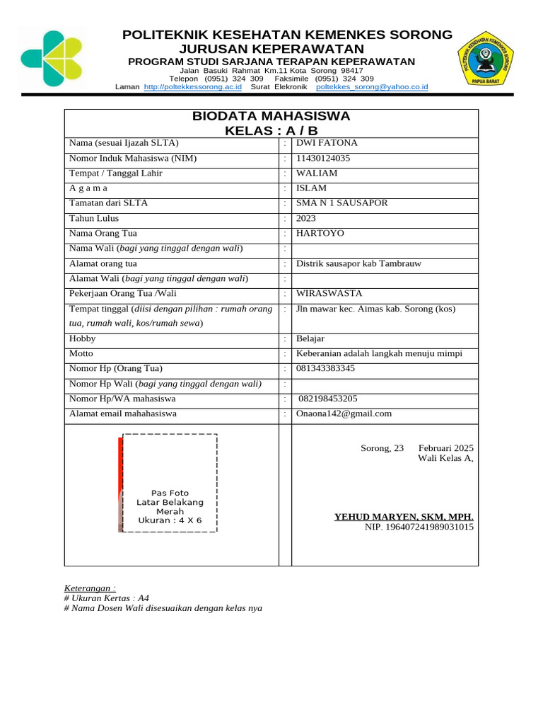 Biodata Mahasiswa Prodi s.tr.Kep | PDF