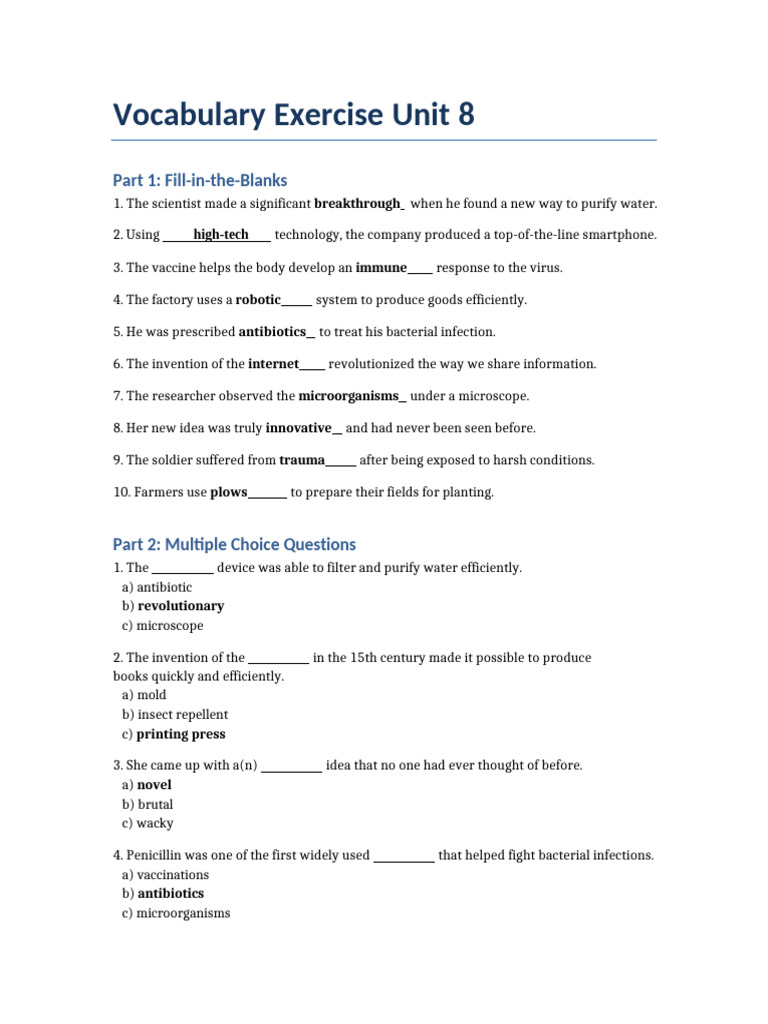 Vocabulary - Exercise - Unit 8 | PDF