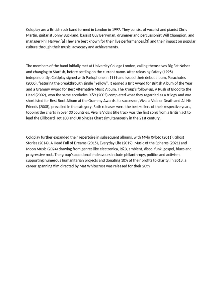 Coldplay: History and Achievements | PDF