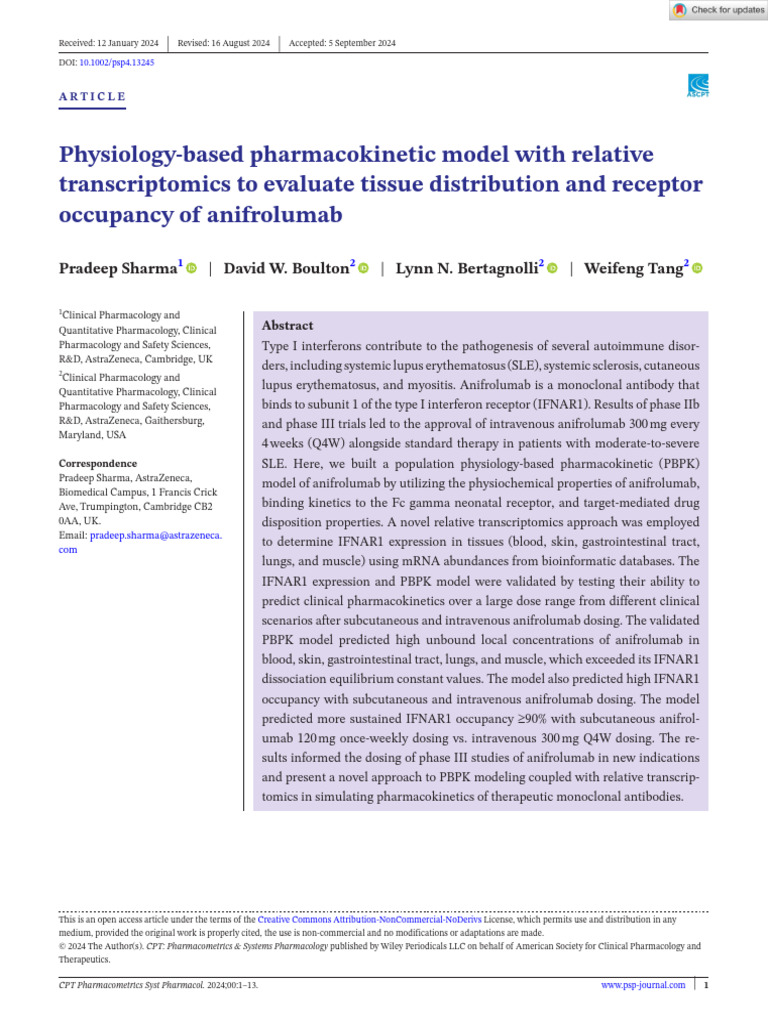 Sharma Et Al. Tissue and Receptor Occupancy Anifrolumab. CPT Pharmacometrics Syst Pharmacol ...