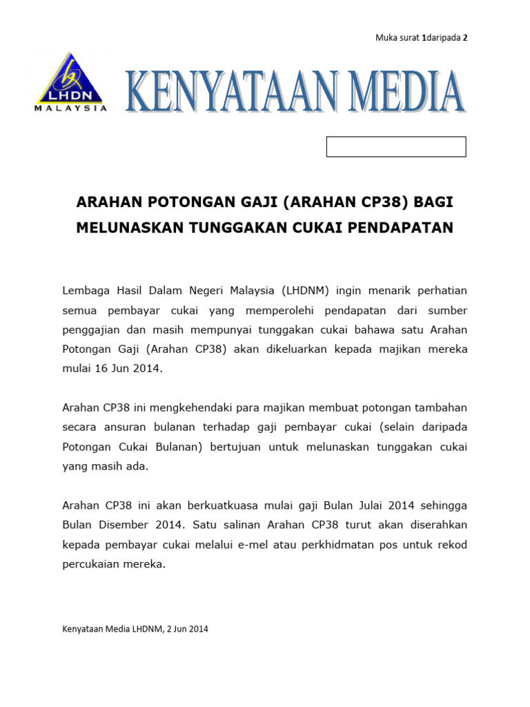 ArahanPotonganGaji Arahan CP38 BagiMelunaskanTunggakanCukaiPendapatan | PDF