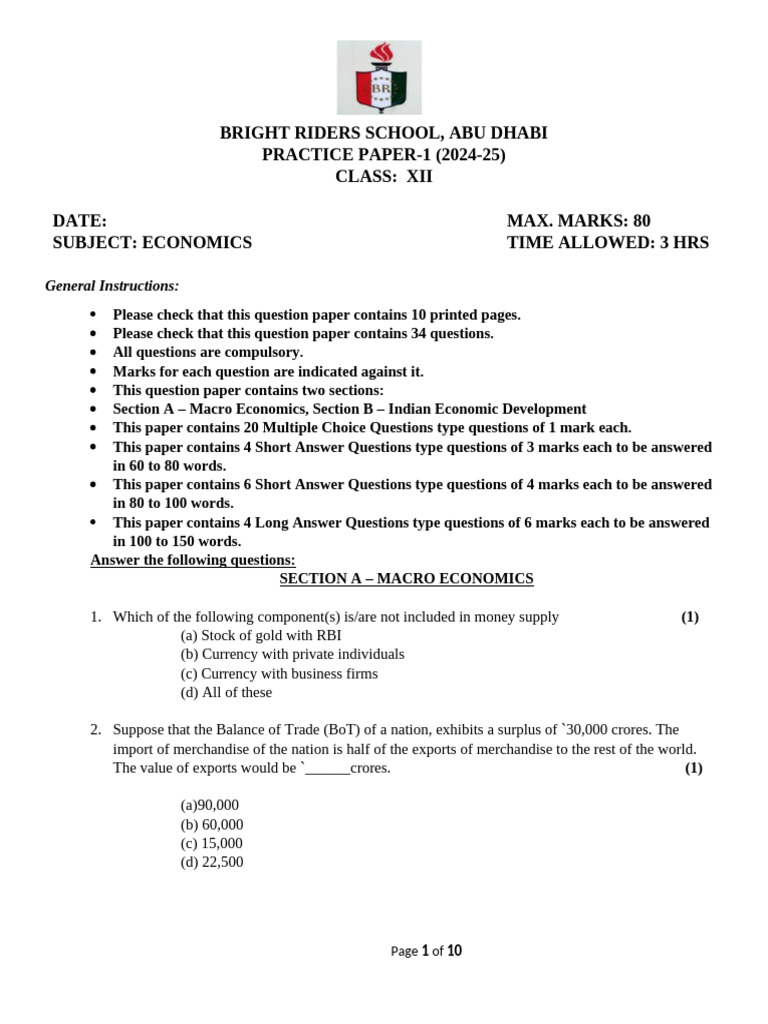 Economics Practice Paper Class XII | PDF | Banks | Money