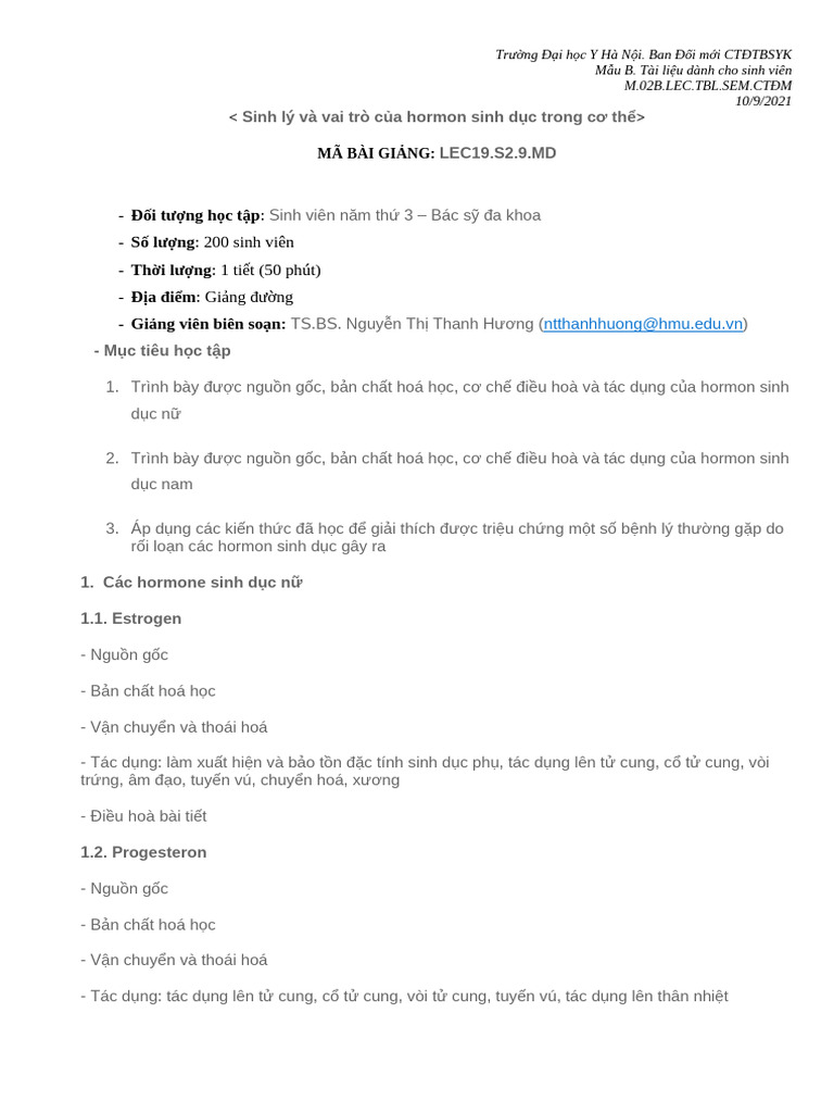 MẫuB.LEC19. Sinh lý và vai trò của hormon sinh dục trong cơ thể | PDF