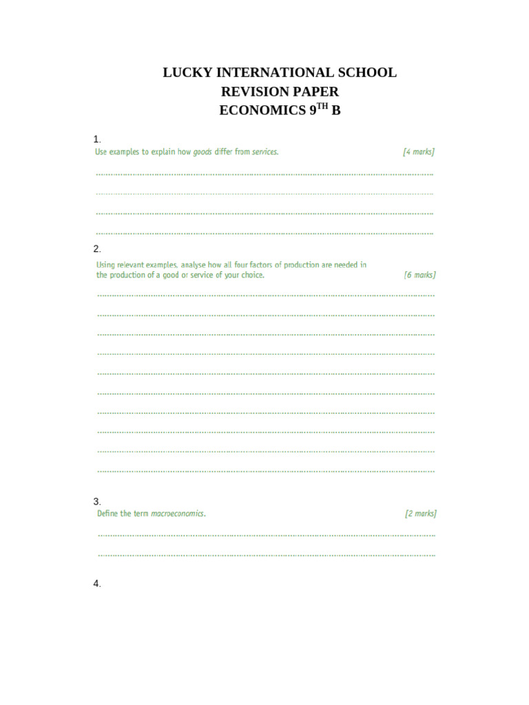 Economics Revision Paper for 9th Grade | PDF