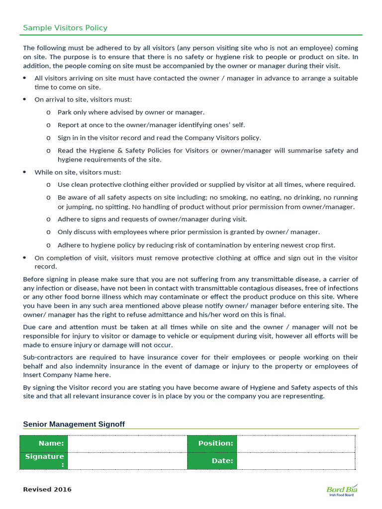Sample Visitors Policy | PDF | Hygiene | Infection