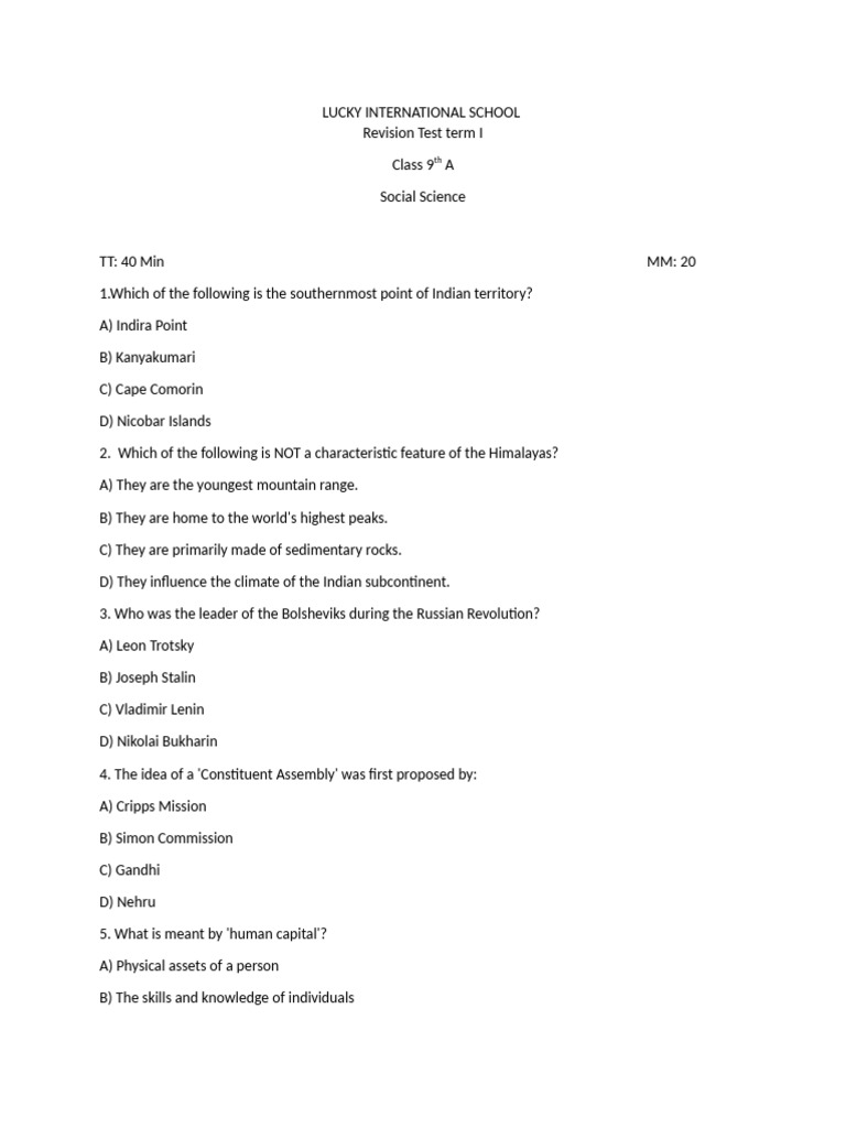 9th SST Revision Test | PDF