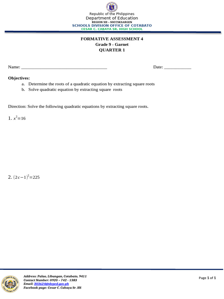 G9 Q1 Formative Assessment 4 | PDF