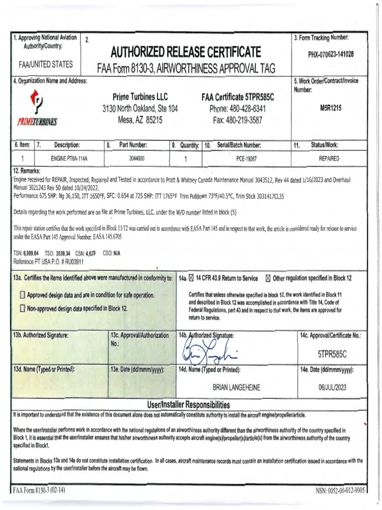 FAA Form 8130-3 SN PCE-19267 | PDF | Aerospace | Aircraft