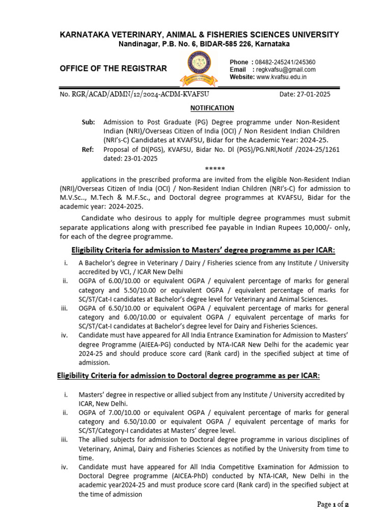 NRI - PG - Notification - Guidelines - Annexures - Application Form | PDF