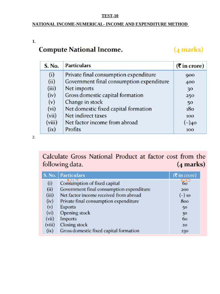 BRS TEST-10 - National Income Numerical-Income and Expenditure | PDF