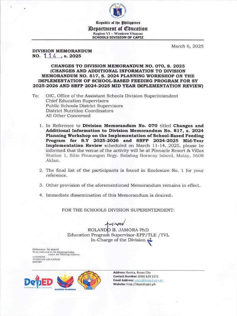 SDM114s2025 Changes To Division Memorandum No. 070 S. 2025 Changes To ...