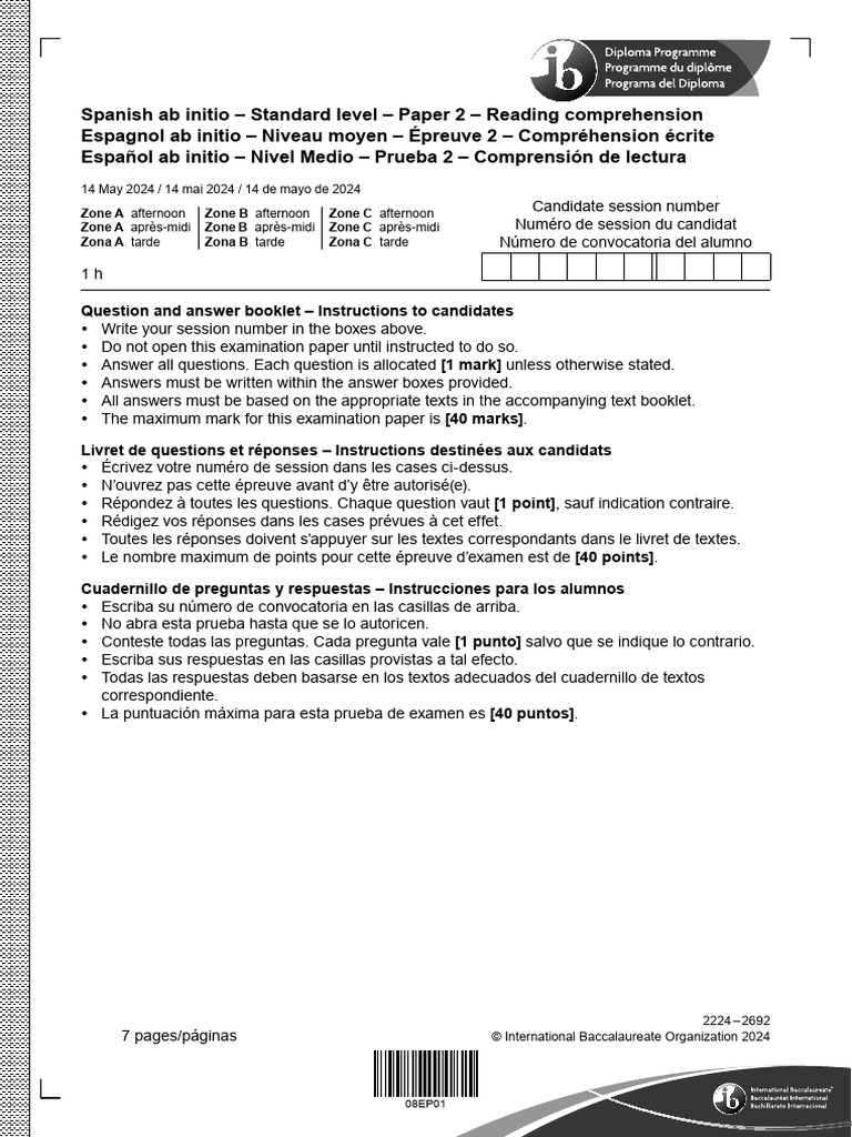 2024 May Spanish Ab Initio Paper 2 Reading Q &A Booklet | PDF