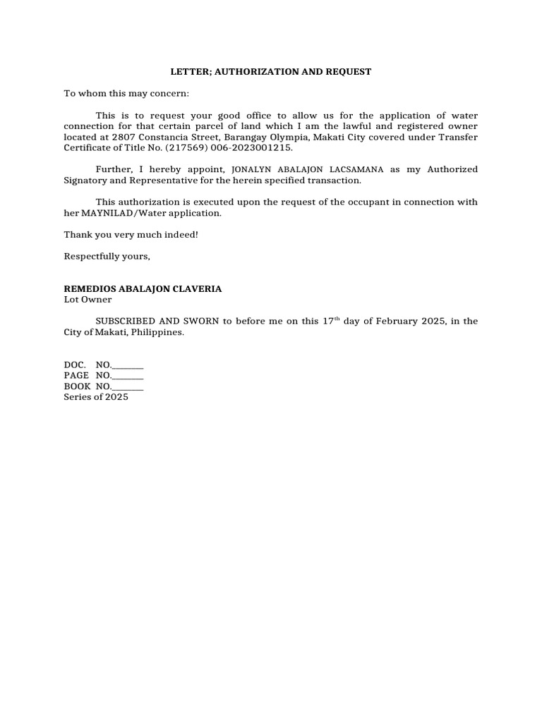 Authorization Maynilad Remedios | PDF