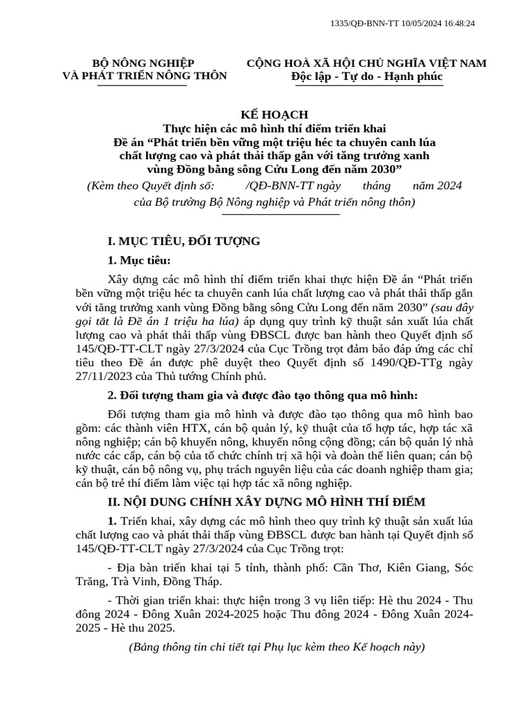 09 5 2024 Ke Hoach Thuc Hien Mo Hinh Trien Khai de An 1 Trieu Ha | PDF