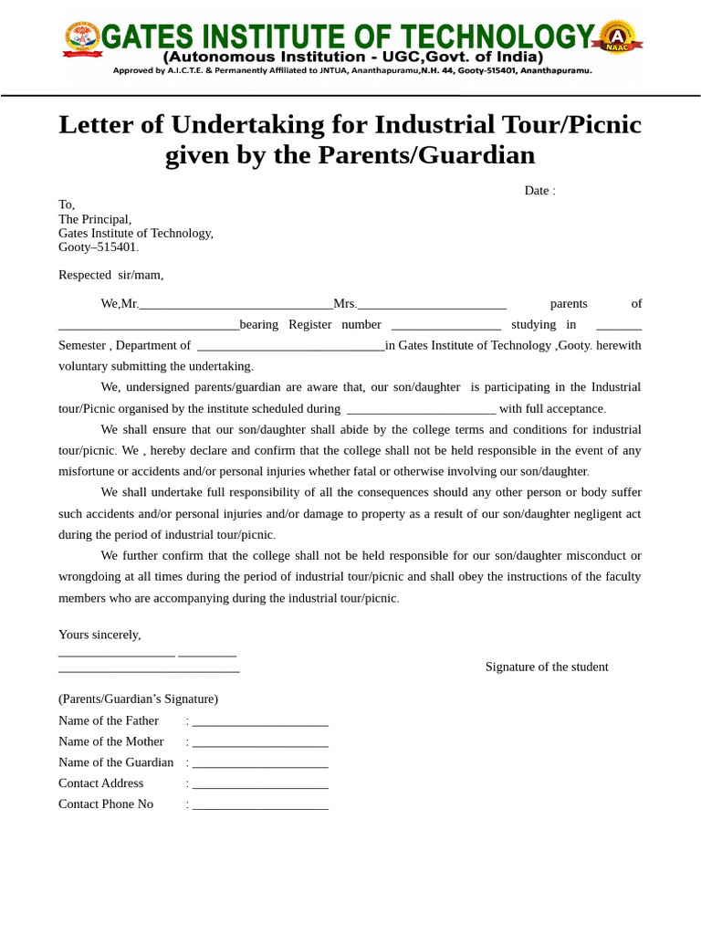 Letter of Undertaking For Industrial Tour Given by The Parents | PDF