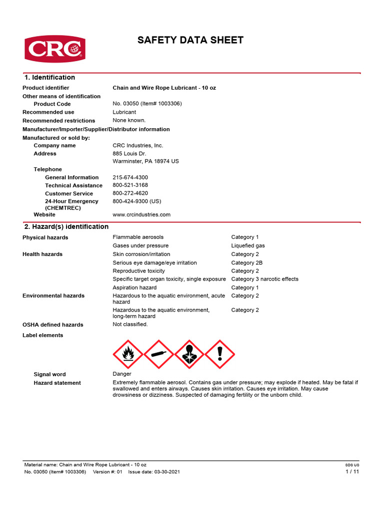 Wire Rope Lube (CRC) SDS | PDF | Firefighting | Personal Protective ...