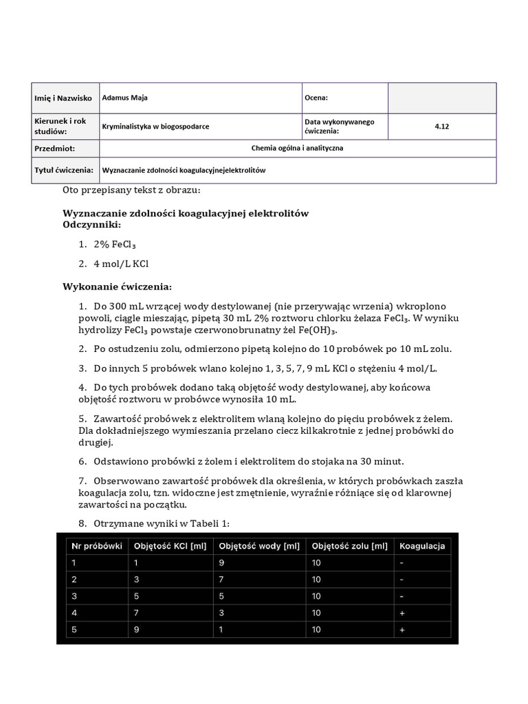 Koagulacja Elektrolitow Adamus M | PDF