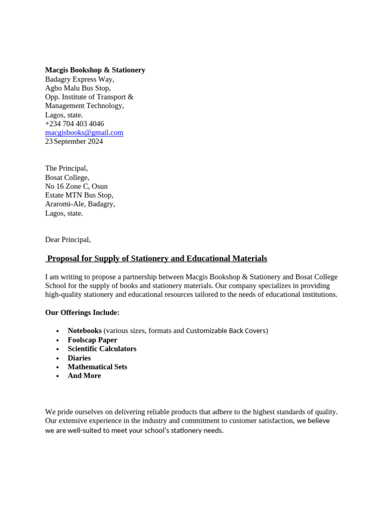 Proposal for Bosat College Supplies | PDF