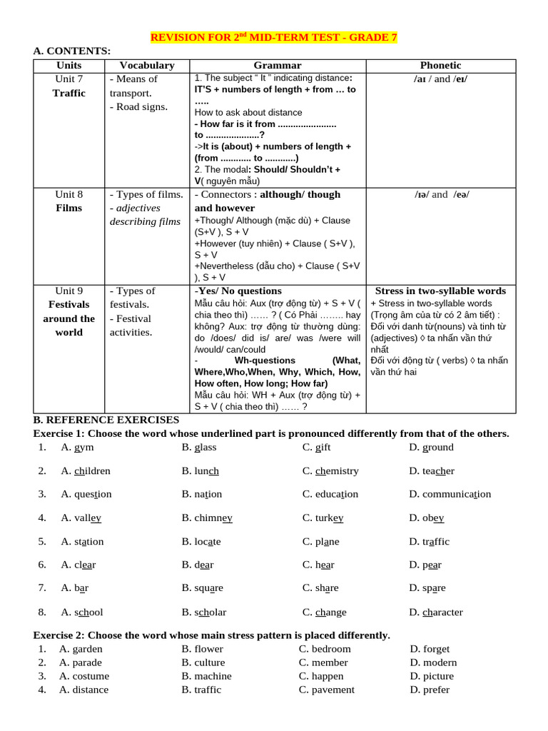 De Cuong On Giua HK2 Tieng Anh 7 Nam 22 23 | PDF | Traffic
