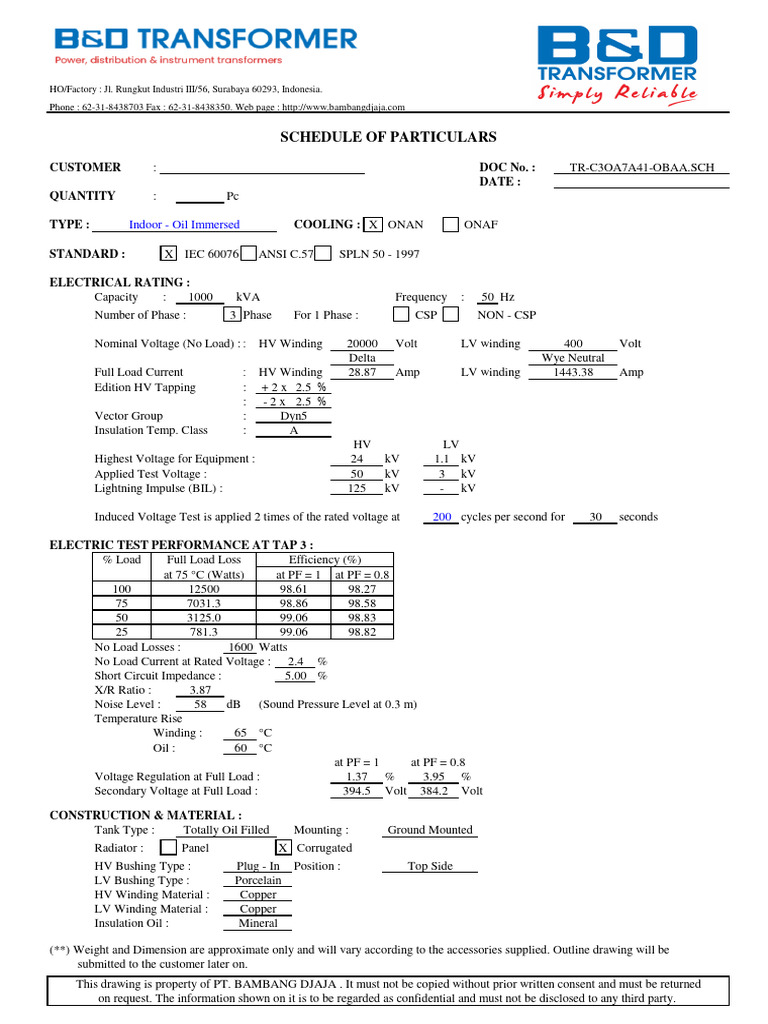 Approval Drawing 1000kVA 20kV 400V Dyn5 Indoor CU | PDF | Transformer ...