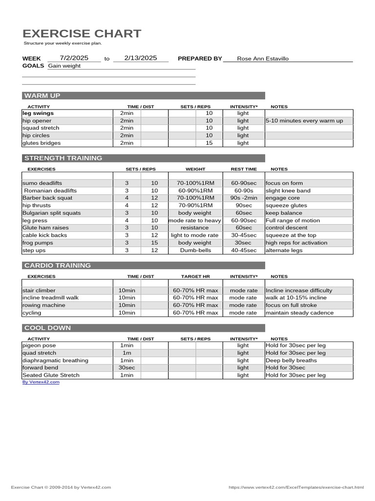 Exercise-Chart Rose Ann Estavillo | PDF | Physical Exercise | Weight ...