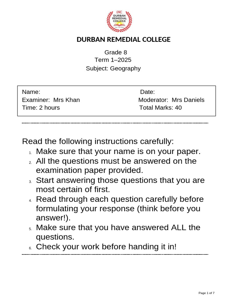 Grade 8 Geography Exam Term 1 2025 | PDF | Map | Geographic Data And ...