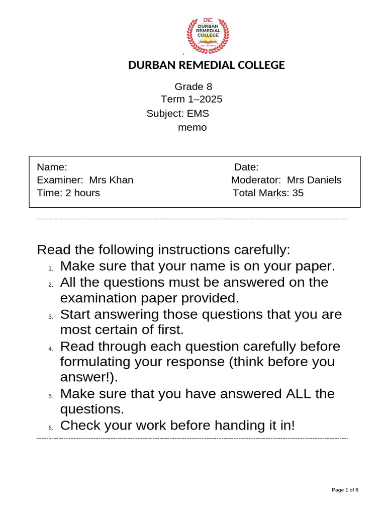Grade 8 EMS Term 1 Exam Memo 2025 | PDF | Equity (Finance) | Taxes