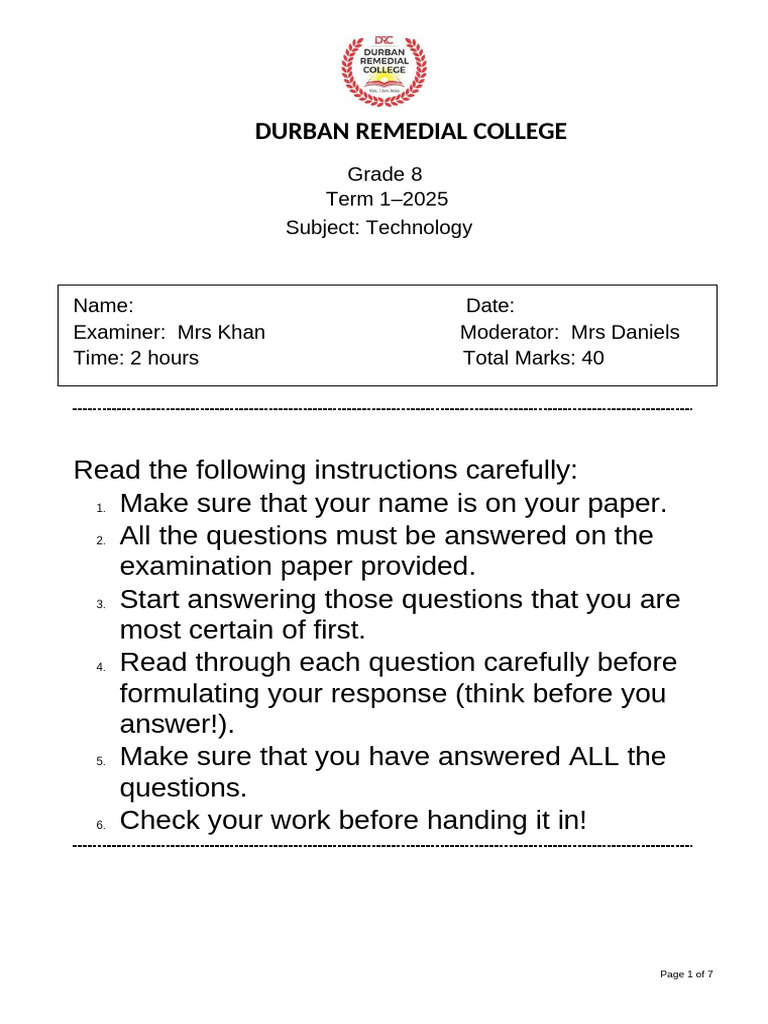GRD 8 Technlogy Term 1 Exam | PDF