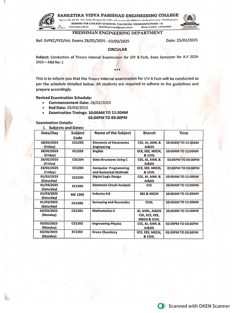 Mid Exam 1 Revised Examination Schedule | PDF