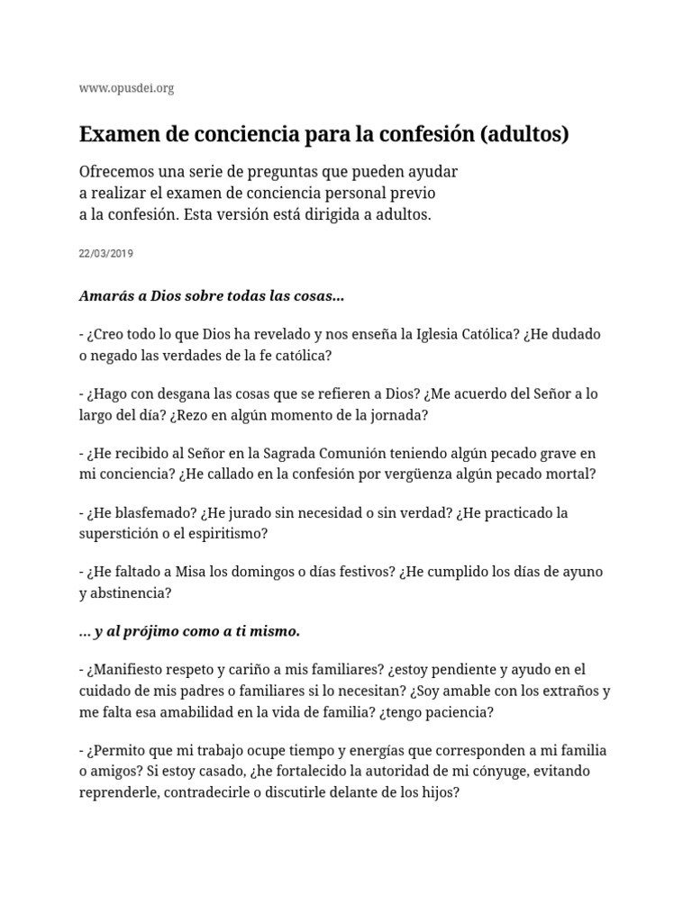 Examen de Conciencia para La Confesión (Adultos) - Opus Dei | PDF