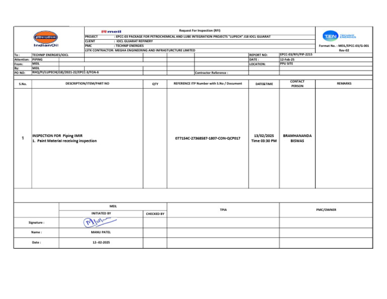 Epcc 03 Rfi Pipe 2215 | PDF