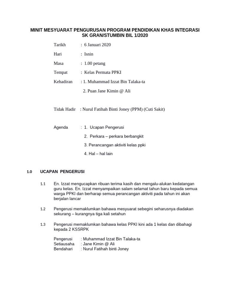 MESYUARAT - PANITIA - PPKI - KALI - Pertama 2020 | PDF