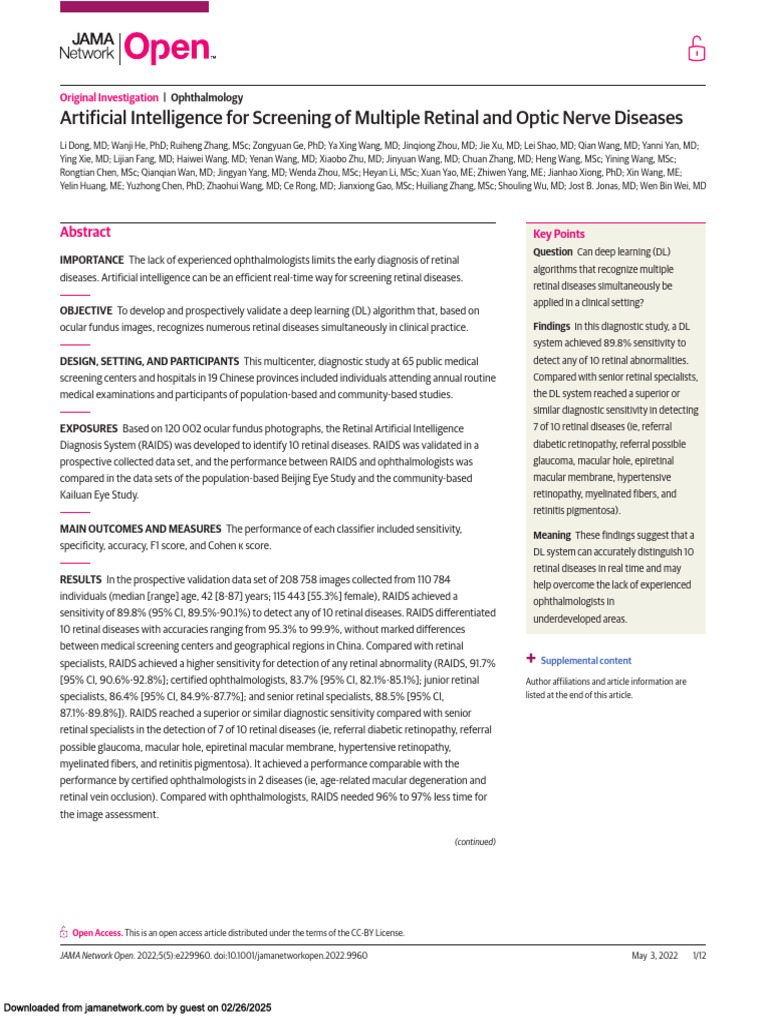 Artificial Intelligence For Screening of Multiple Retinal and Optic Nerve Diseases | PDF ...