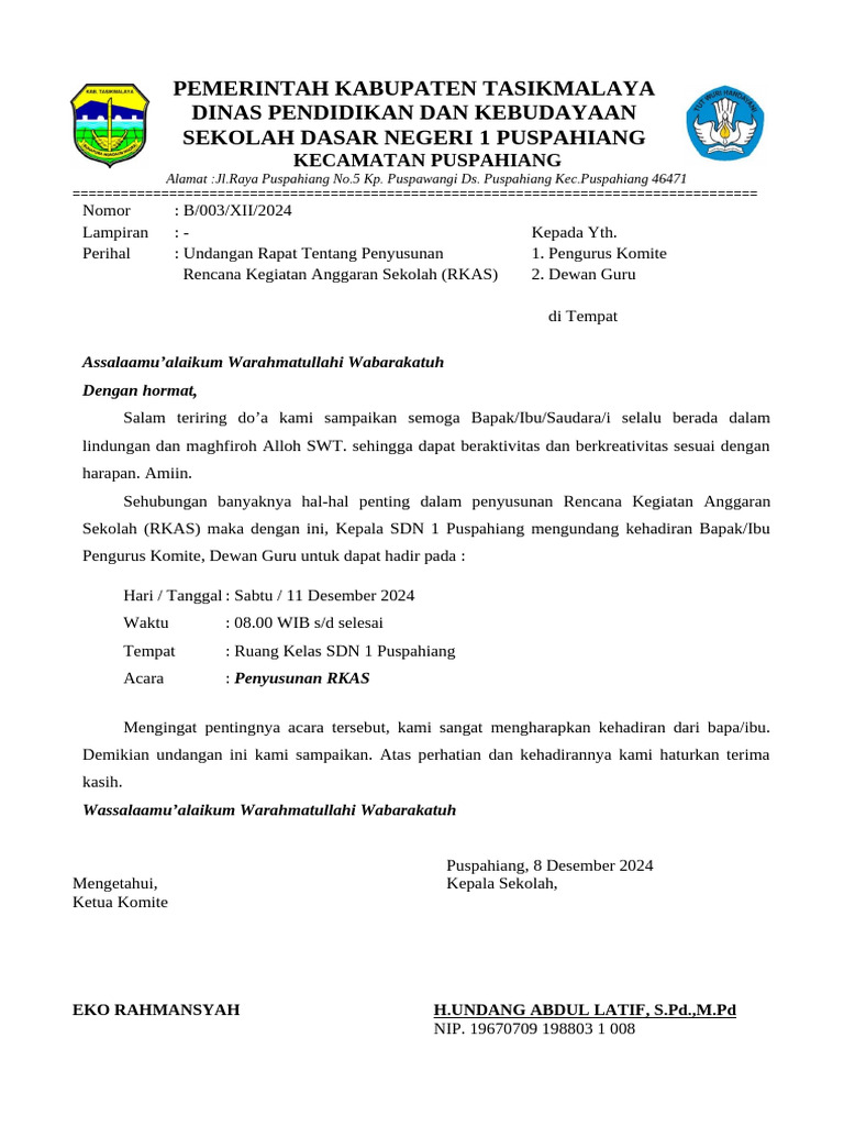 Surat Undangan Rapat RKAS | PDF