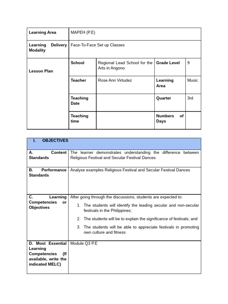 lesson plan P.E | PDF | Learning | Lesson Plan