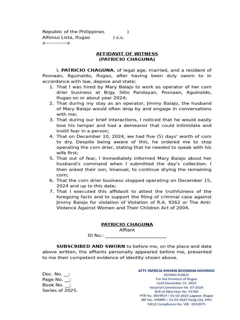 Affidavit of Witness - Patricio Chaguna | PDF | Affidavit | Justice