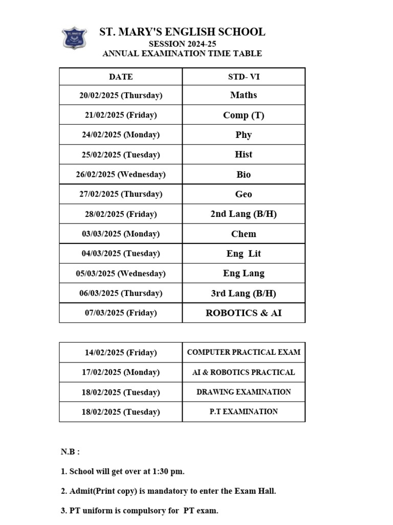 St. Mary's Annual Exam Timetable 2024-25 | PDF
