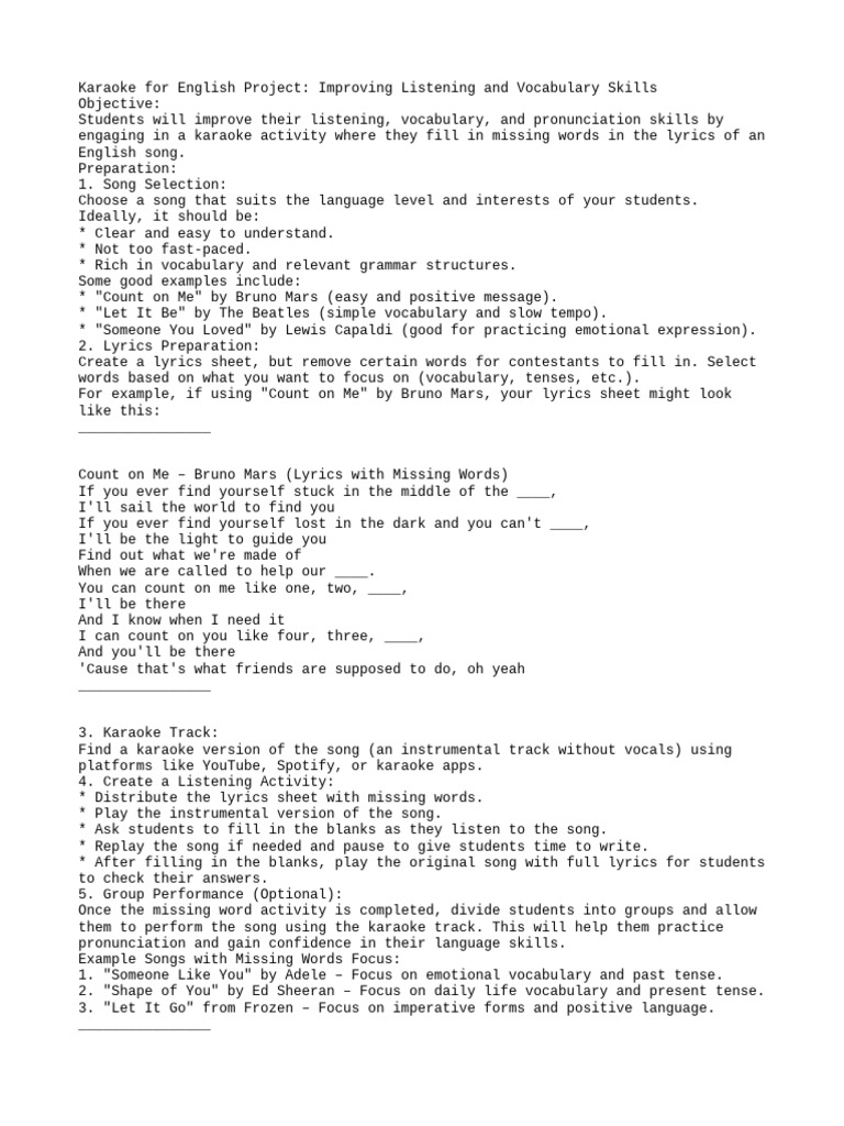 Karaoke Activity for English Skills | PDF | English Language | Linguistics