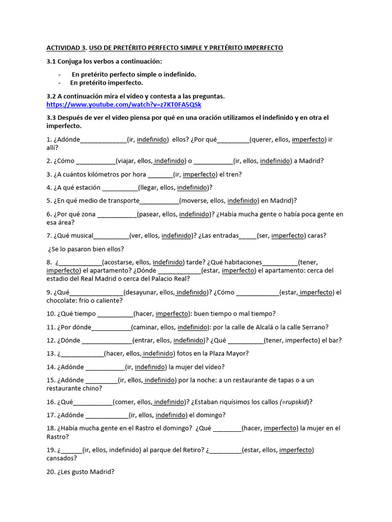 Contraste Indefinido Imperfecto. | PDF