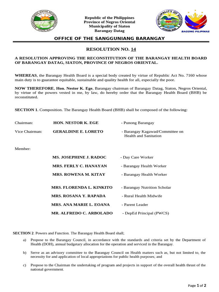 Resolution Barangay Health | PDF | Government