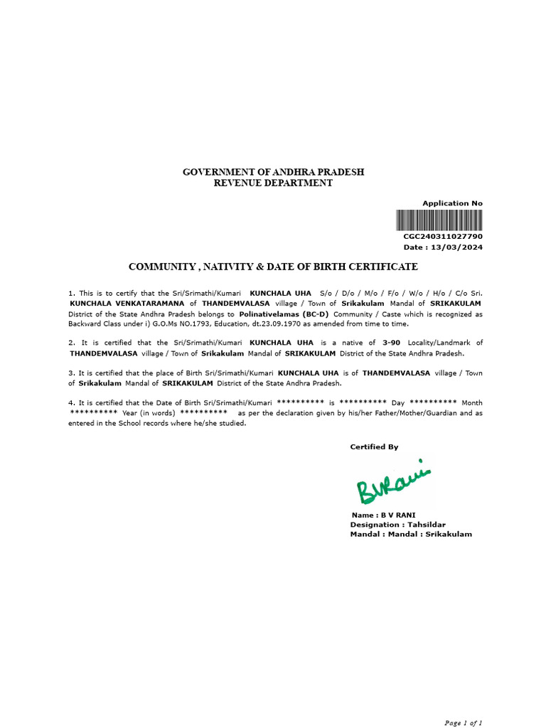 Caste Certificate CGC240311027790 | PDF