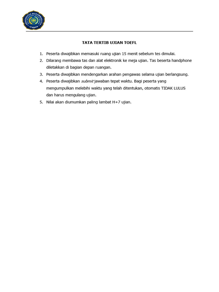 Tata Tertib Ujian TOEFL UMM Jember | PDF