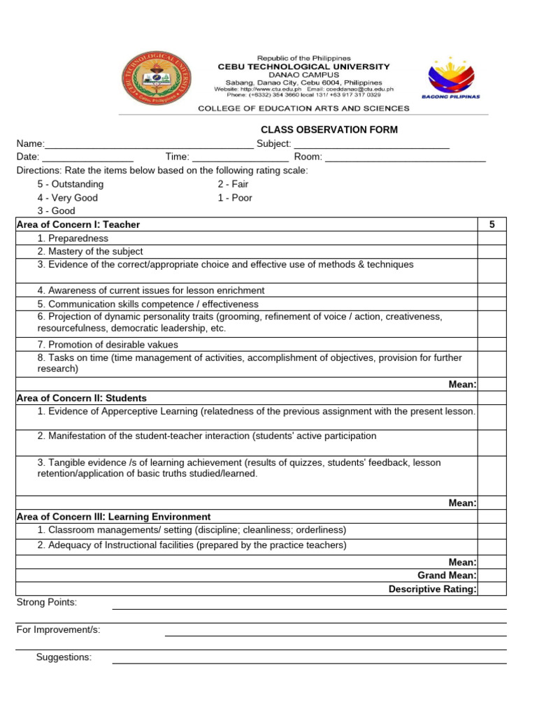 Class Observation Evaluation Form | PDF | Teachers | Classroom Management