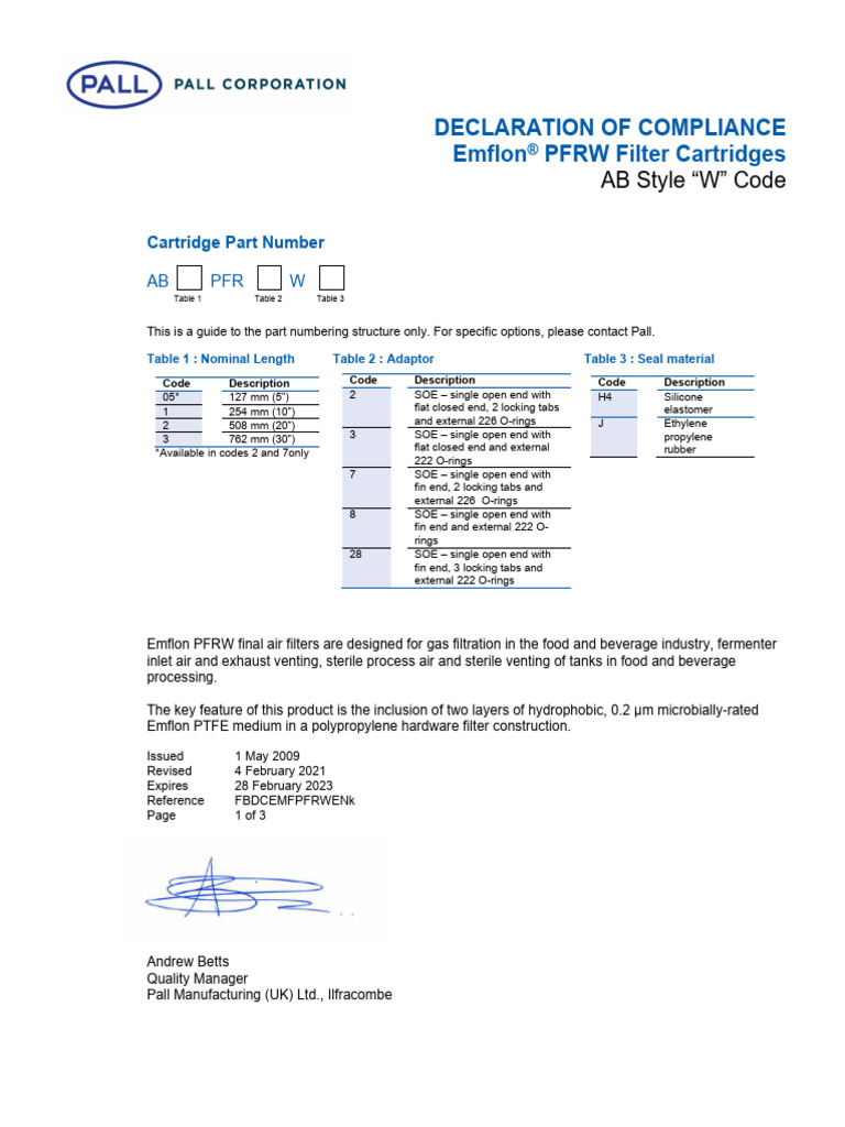 Emflon PFRW Filter Cartridges (AB Style) | PDF | Chemical Substances ...