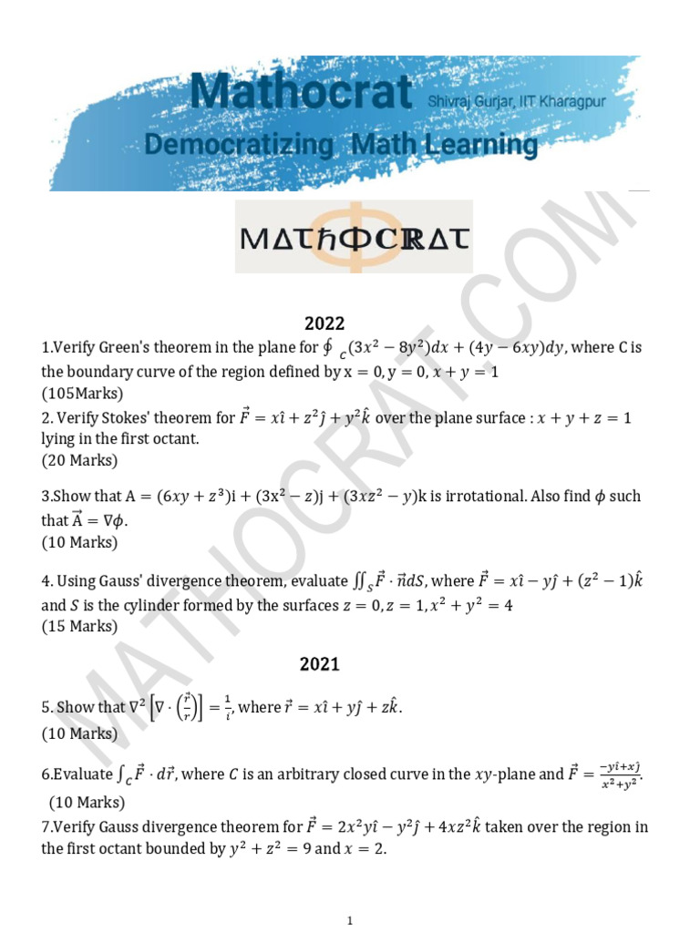 Mathocrat Vector Analysis PYQs 1992 To 2022 | PDF | Curvature | Euclidean Vector