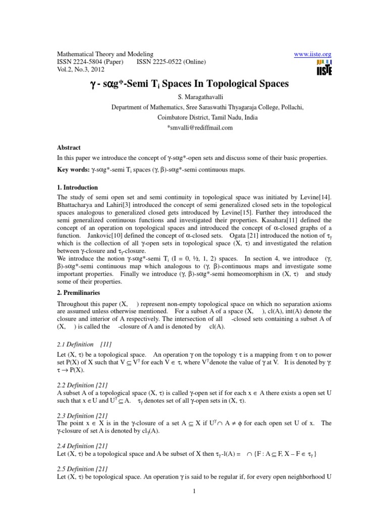 Gamma Sag Semi Ti Spaces in Topological Spaces | PDF | Continuous Function | Topology