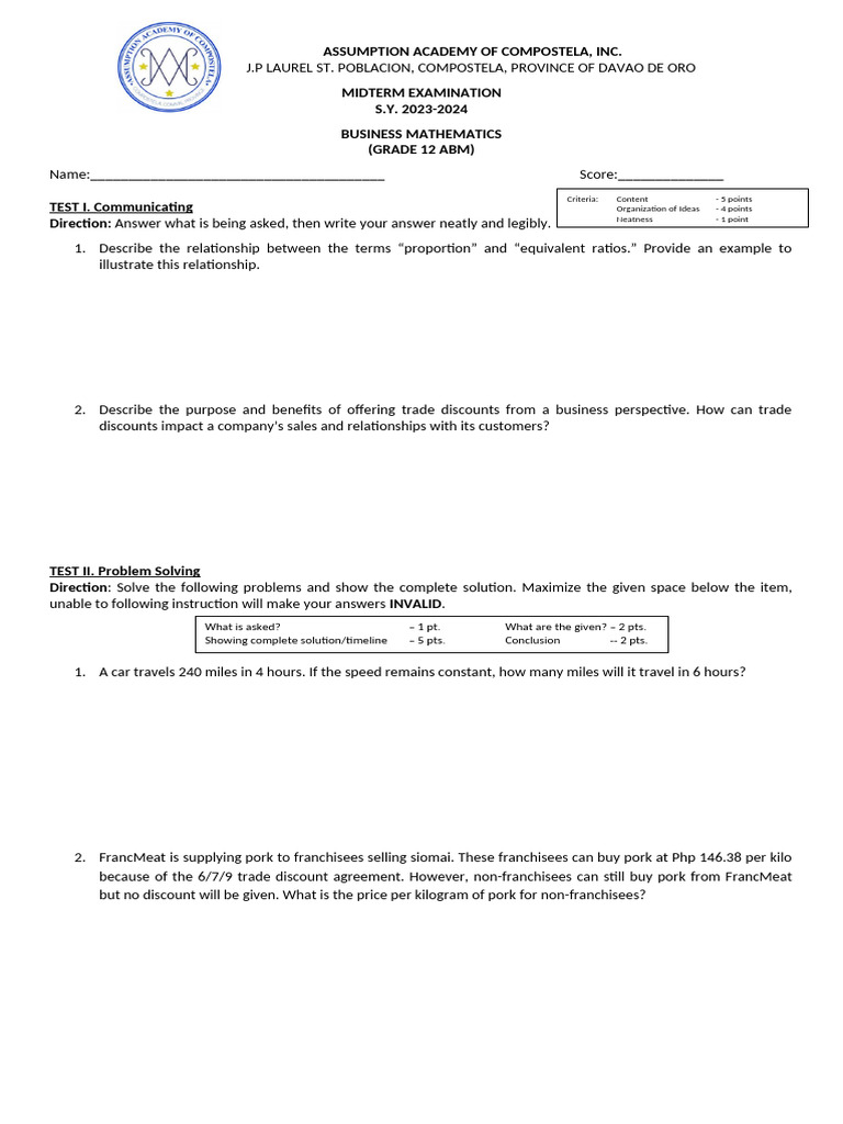 Midterm (Business Math-12) | PDF | Discounts And Allowances | Economies