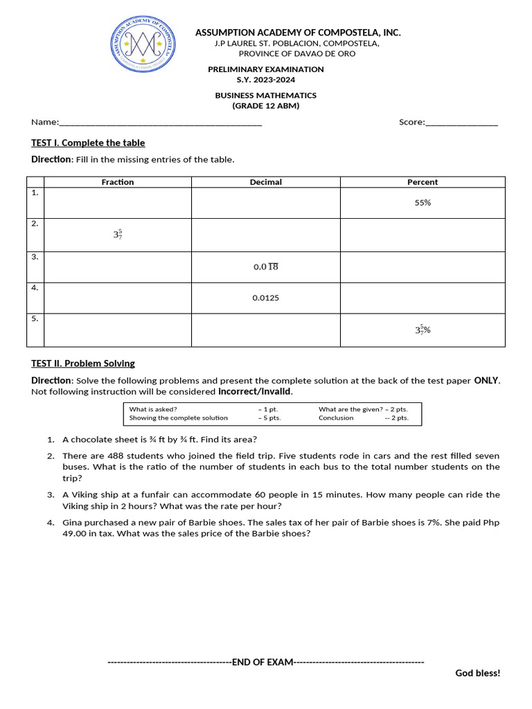 Prelim (Business Math-12) | PDF | Mathematics