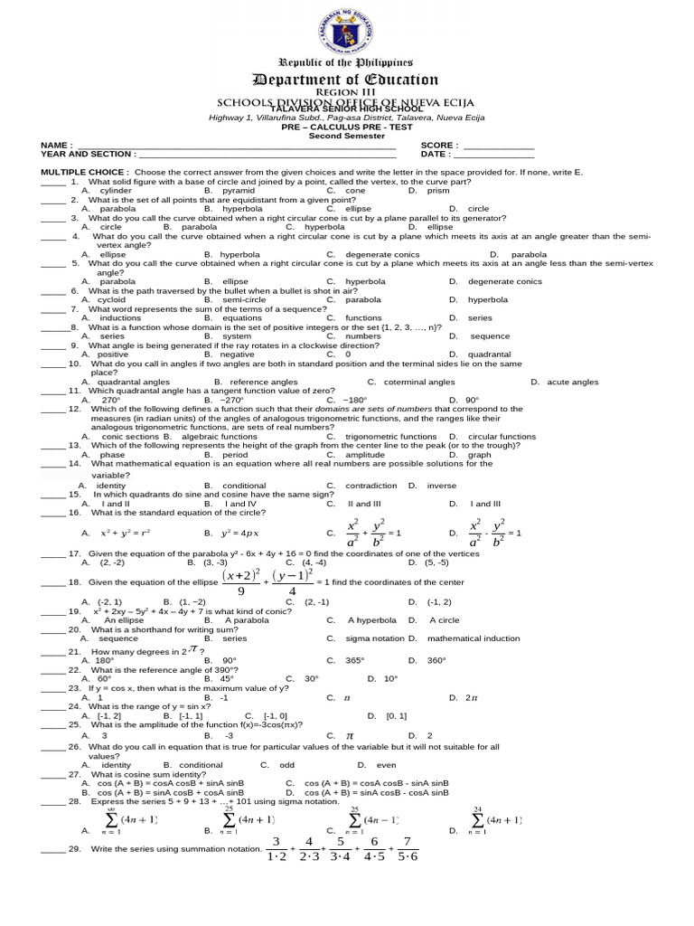 Pre - Test For Pre Calculus 2021 - 2022 | PDF | Trigonometric Functions ...